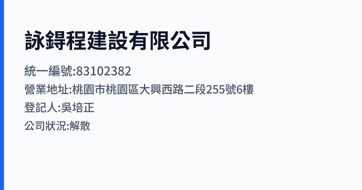 詠鍀程建設有限公司 - 統編 83102382(桃園市) 公司登記資料與營業項目詳細圖表