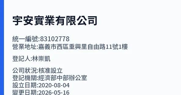 宇安實業有限公司的照片-統編 83102778(嘉義市) 公司登記資料與營業項目詳細圖表