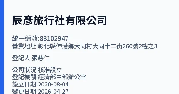 辰彥旅行社有限公司的照片-統編 83102947(彰化縣) 公司登記資料與營業項目詳細圖表