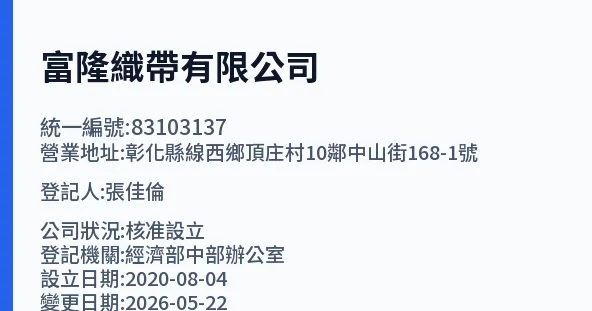 富隆織帶有限公司的照片-統編 83103137(彰化縣) 公司登記資料與營業項目詳細圖表