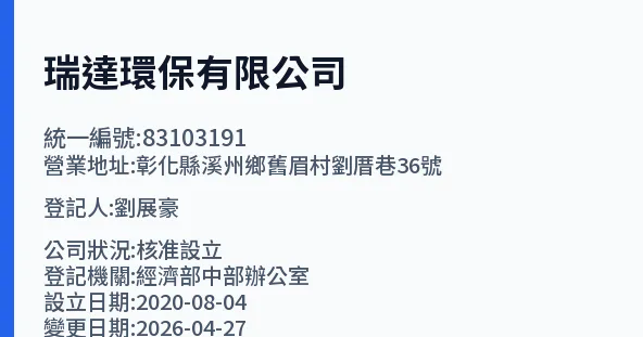 瑞達環保有限公司的照片-統編 83103191(彰化縣) 公司登記資料與營業項目詳細圖表