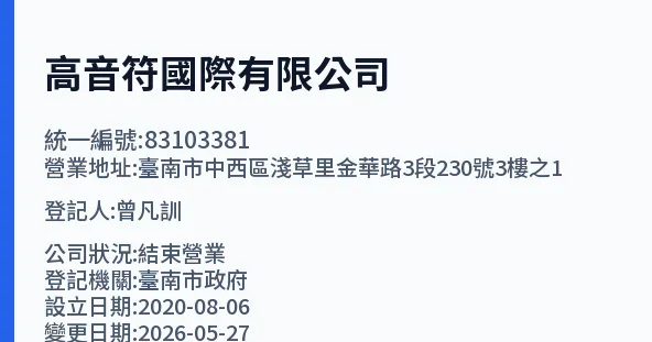 高音符國際有限公司的照片-統編 83103381(臺南市) 公司登記資料與營業項目詳細圖表