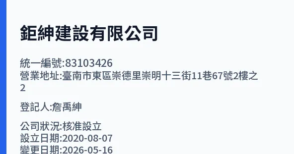 鉅紳建設有限公司的照片-統編 83103426(臺南市) 公司登記資料與營業項目詳細圖表
