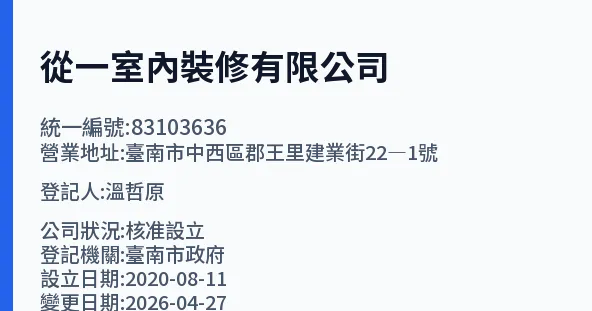 從一室內裝修有限公司的照片-統編 83103636(臺南市) 公司登記資料與營業項目詳細圖表