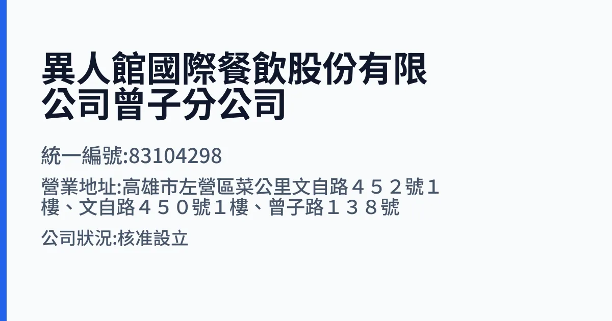 異人館國際餐飲股份有限公司曾子分公司 - 統編 83104298(高雄市) 公司登記資料與營業項目詳細圖表