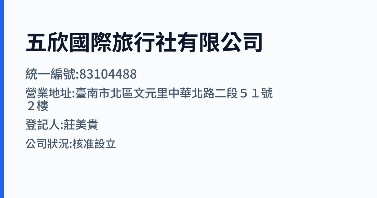 五欣國際旅行社有限公司 - 統編 83104488(臺南市) 公司登記資料與營業項目詳細圖表