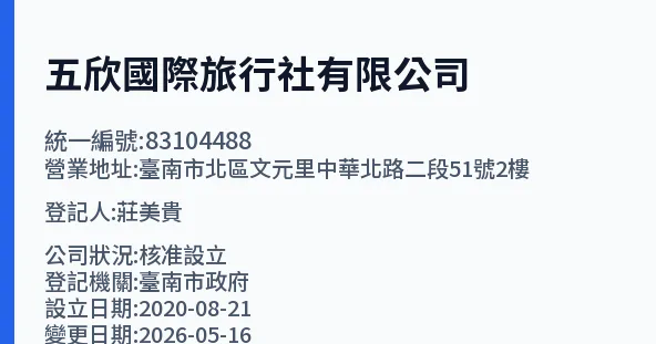 五欣國際旅行社有限公司的照片-統編 83104488(臺南市) 公司登記資料與營業項目詳細圖表