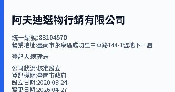 阿夫迪選物行銷有限公司的照片-統編 83104570(臺南市) 公司登記資料與營業項目詳細圖表