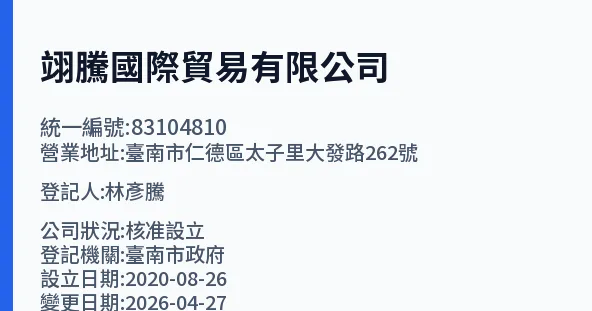 翊騰國際貿易有限公司的照片-統編 83104810(臺南市) 公司登記資料與營業項目詳細圖表