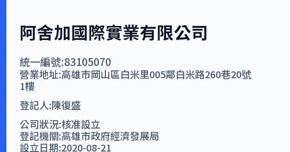 阿舍加國際實業有限公司的照片-統編 83105070(高雄市) 公司登記資料與營業項目詳細圖表