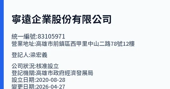 寧遠企業股份有限公司的照片-統編 83105971(高雄市) 公司登記資料與營業項目詳細圖表