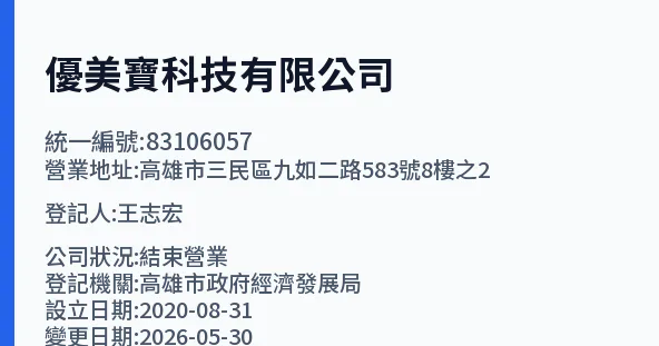 優美寶科技有限公司的照片-統編 83106057(高雄市) 公司登記資料與營業項目詳細圖表