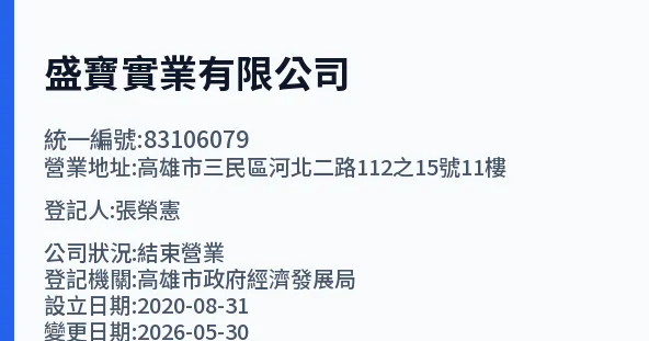 盛寶實業有限公司的照片-統編 83106079(高雄市) 公司登記資料與營業項目詳細圖表