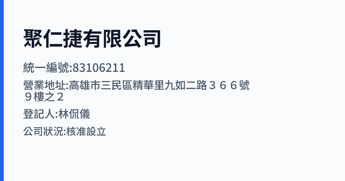 聚仁捷有限公司 - 統編 83106211(高雄市) 公司登記資料與營業項目詳細圖表