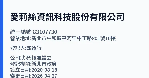 愛莉絲資訊科技股份有限公司的照片-統編 83107730(新北市) 公司登記資料與營業項目詳細圖表