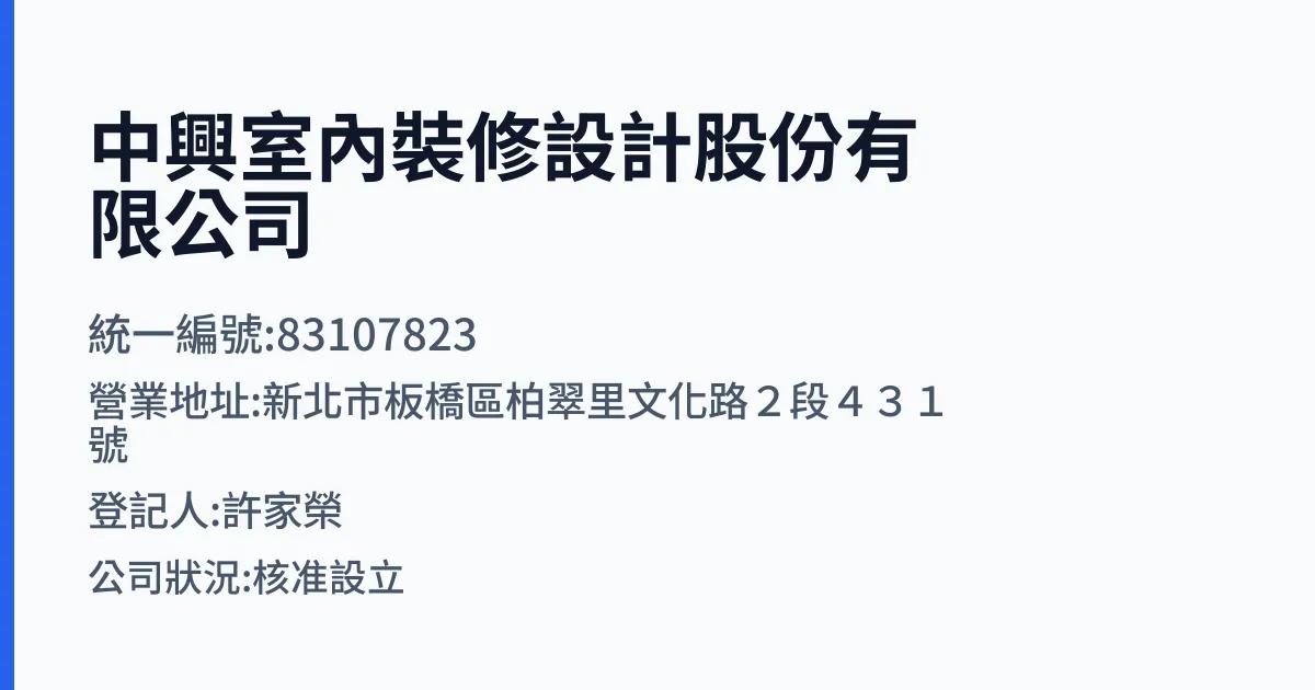 中興室內裝修設計股份有限公司 - 統編 83107823(新北市) 公司登記資料與營業項目詳細圖表
