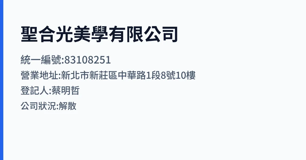 聖合光美學有限公司 - 統編 83108251(新北市) 公司登記資料與營業項目詳細圖表