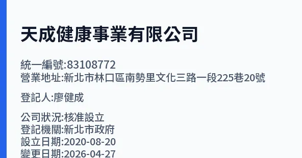 天成健康事業有限公司的照片-統編 83108772(新北市) 公司登記資料與營業項目詳細圖表