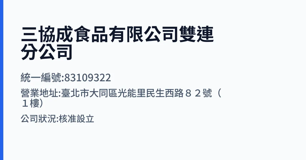 三協成食品有限公司雙連分公司 - 統編 83109322（臺北市） 公司登記資料與營業項目詳細圖表