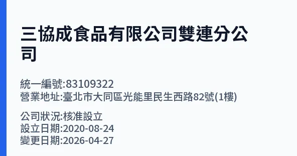 三協成食品有限公司雙連分公司的照片-統編 83109322(臺北市) 公司登記資料與營業項目詳細圖表
