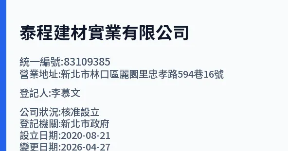 泰程建材實業有限公司的照片-統編 83109385(新北市) 公司登記資料與營業項目詳細圖表