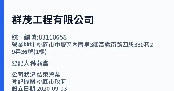 群茂工程有限公司的照片-統編 83110658(桃園市) 公司登記資料與營業項目詳細圖表