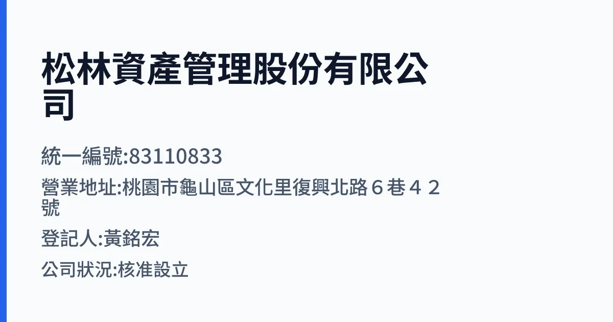 松林資產管理股份有限公司 - 統編 83110833(桃園市) 公司登記資料與營業項目詳細圖表