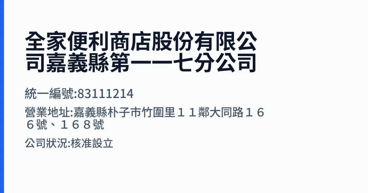 全家便利商店股份有限公司嘉義縣第一一七分公司 - 統編 83111214(嘉義縣) 公司登記資料與營業項目詳細圖表