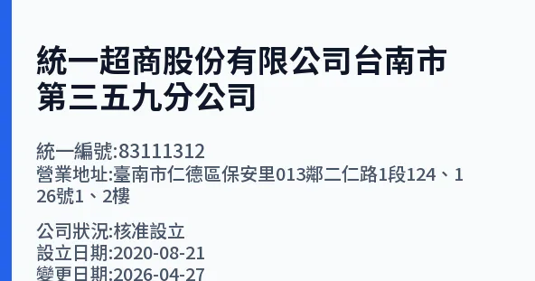 統一超商股份有限公司台南市第三五九分公司的照片-統編 83111312(臺南市) 公司登記資料與營業項目詳細圖表