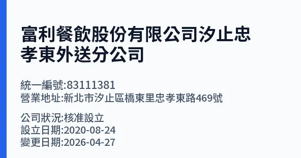 富利餐飲股份有限公司汐止忠孝東外送分公司的照片-統編 83111381(新北市) 公司登記資料與營業項目詳細圖表