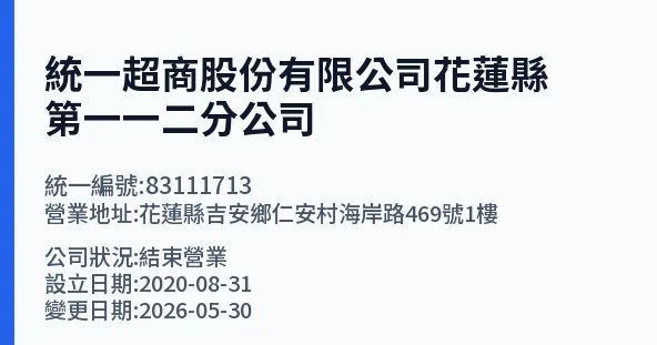 統一超商股份有限公司花蓮縣第一一二分公司的照片-統編 83111713(花蓮縣) 公司登記資料與營業項目詳細圖表