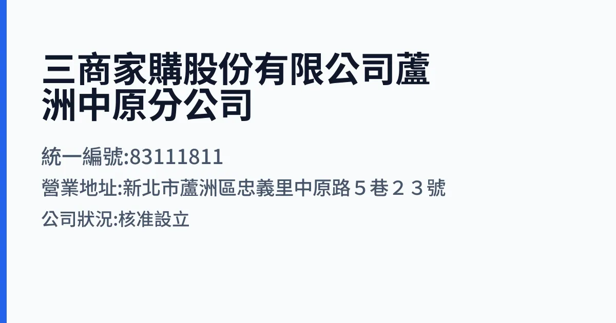三商家購股份有限公司蘆洲中原分公司 - 統編 83111811(新北市) 公司登記資料與營業項目詳細圖表