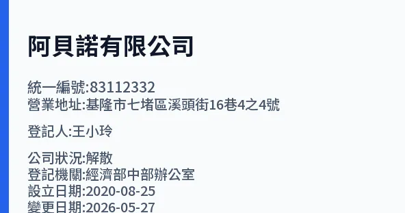 阿貝諾有限公司的照片-統編 83112332(基隆市) 公司登記資料與營業項目詳細圖表