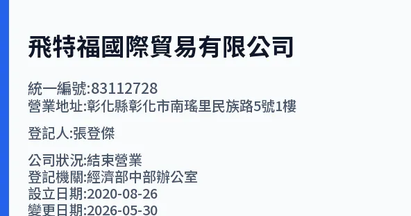飛特福國際貿易有限公司的照片-統編 83112728(彰化縣) 公司登記資料與營業項目詳細圖表
