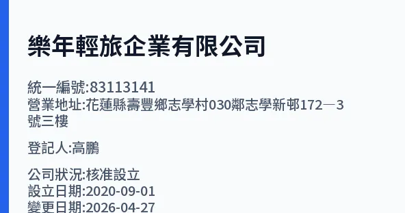樂年輕旅企業有限公司的照片-統編 83113141(花蓮縣) 公司登記資料與營業項目詳細圖表