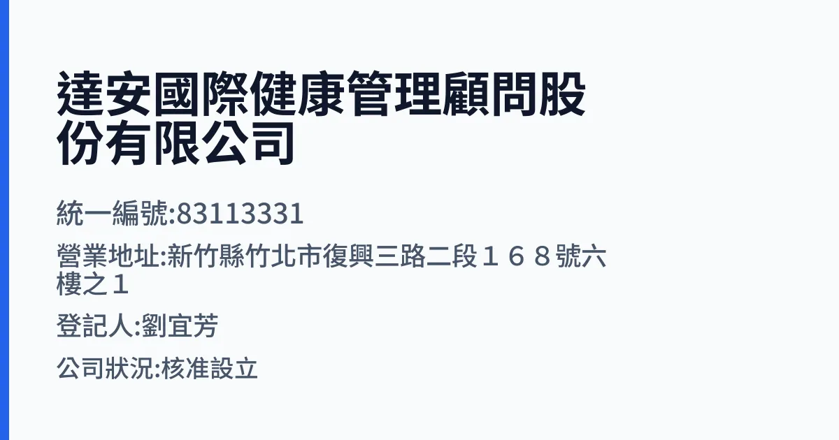 達安國際健康管理顧問股份有限公司 - 統編 83113331(新竹縣) 公司登記資料與營業項目詳細圖表
