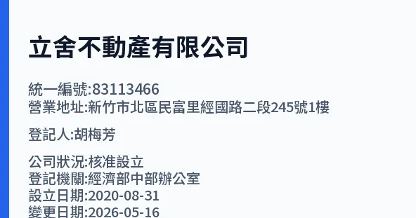 立舍不動產有限公司的照片-統編 83113466(新竹市) 公司登記資料與營業項目詳細圖表