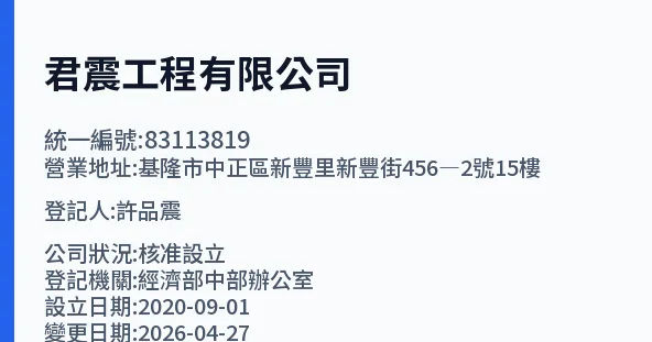 君震工程有限公司的照片-統編 83113819(基隆市) 公司登記資料與營業項目詳細圖表