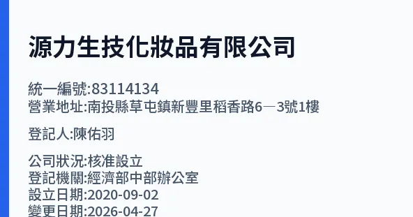 源力生技化妝品有限公司的照片-統編 83114134(南投縣) 公司登記資料與營業項目詳細圖表