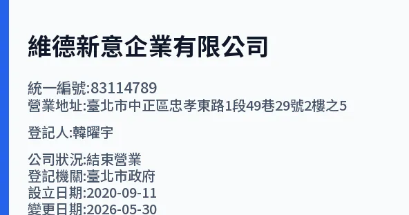 維德新意企業有限公司的照片-統編 83114789(臺北市) 公司登記資料與營業項目詳細圖表