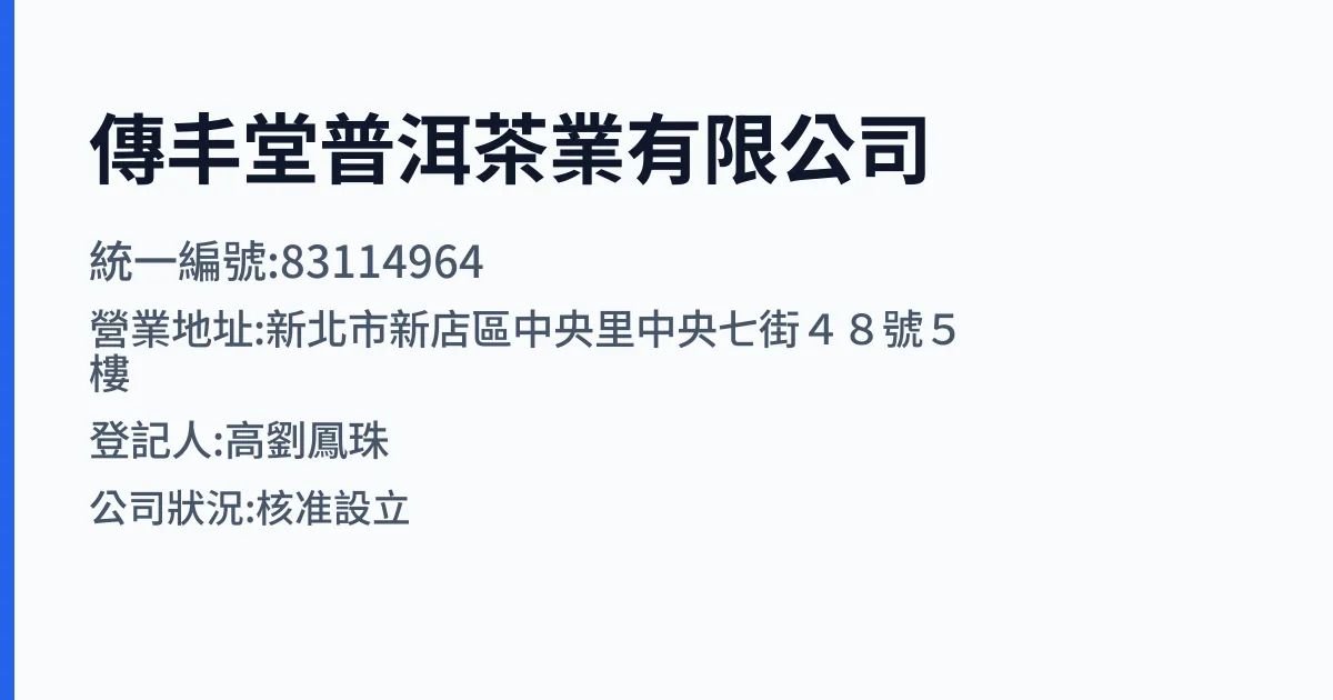 傳丰堂普洱茶業有限公司 - 統編 83114964(新北市) 公司登記資料與營業項目詳細圖表