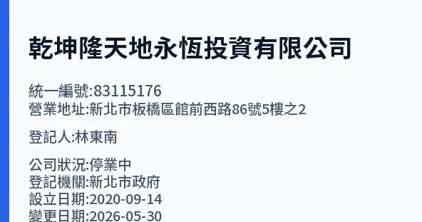 乾坤隆天地永恆投資有限公司的照片-統編 83115176(新北市) 公司登記資料與營業項目詳細圖表