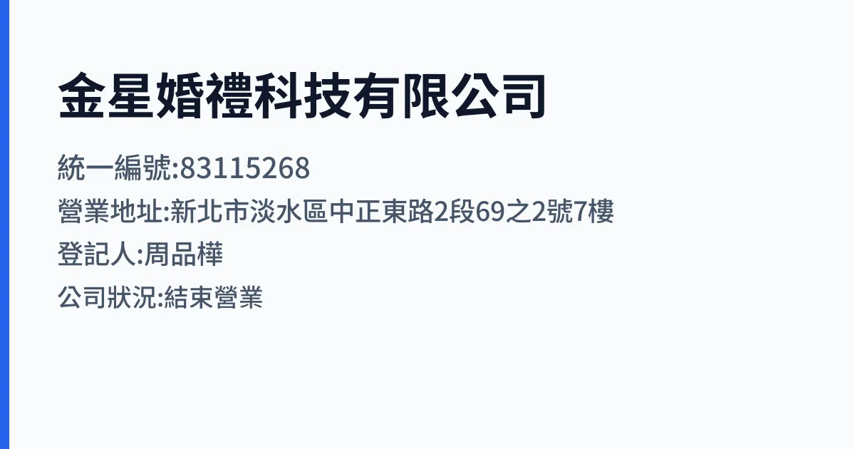 金星婚禮科技有限公司 - 統編 83115268(新北市) 公司登記資料與營業項目詳細圖表