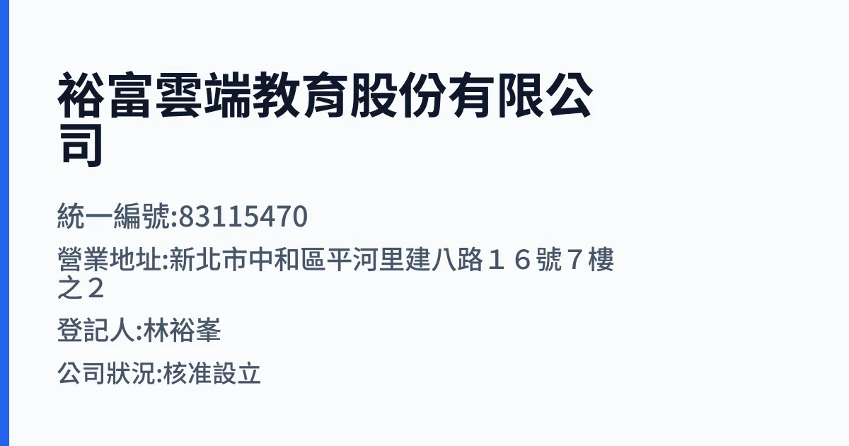 裕富雲端教育股份有限公司 - 統編 83115470(新北市) 公司登記資料與營業項目詳細圖表