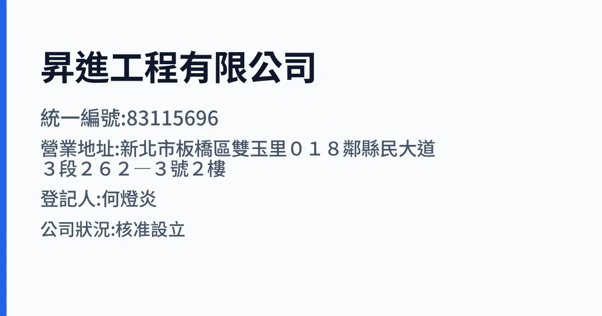 昇進工程有限公司 - 統編 83115696(新北市) 公司登記資料與營業項目詳細圖表