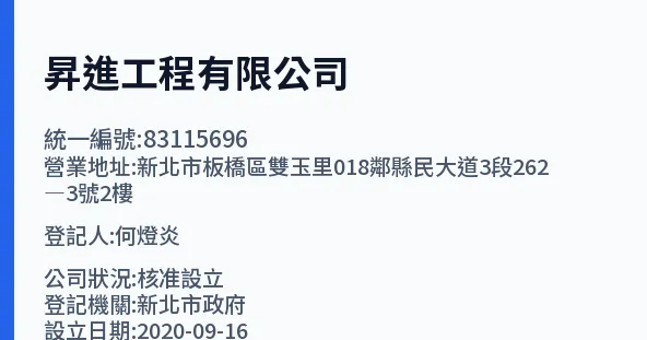 昇進工程有限公司的照片-統編 83115696(新北市) 公司登記資料與營業項目詳細圖表