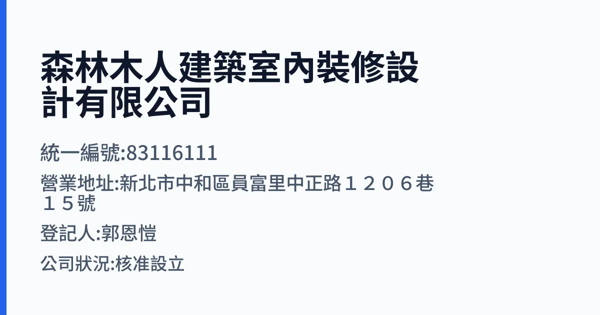 森林木人建築室內裝修設計有限公司 - 統編 83116111(新北市) 公司登記資料與營業項目詳細圖表