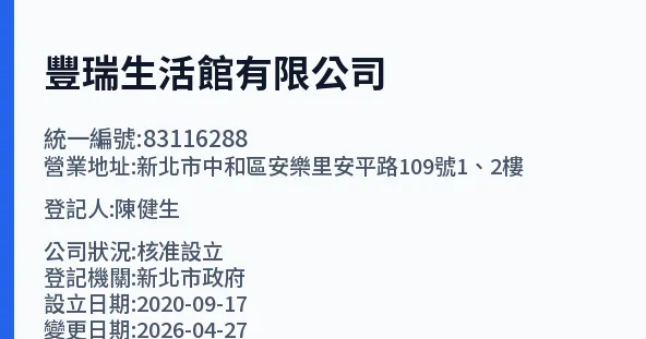 豐瑞生活館有限公司的照片-統編 83116288(新北市) 公司登記資料與營業項目詳細圖表