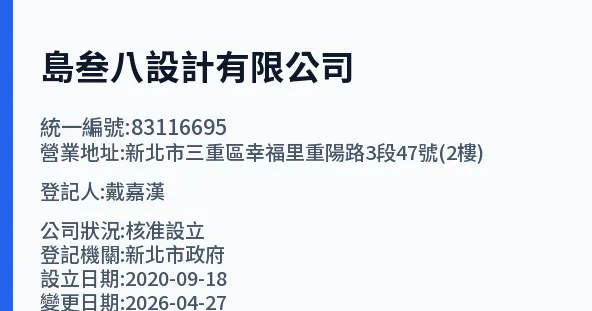 島叁八設計有限公司的照片-統編 83116695(新北市) 公司登記資料與營業項目詳細圖表