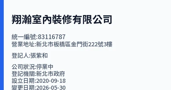 翔瀚室內裝修有限公司的照片-統編 83116787(新北市) 公司登記資料與營業項目詳細圖表